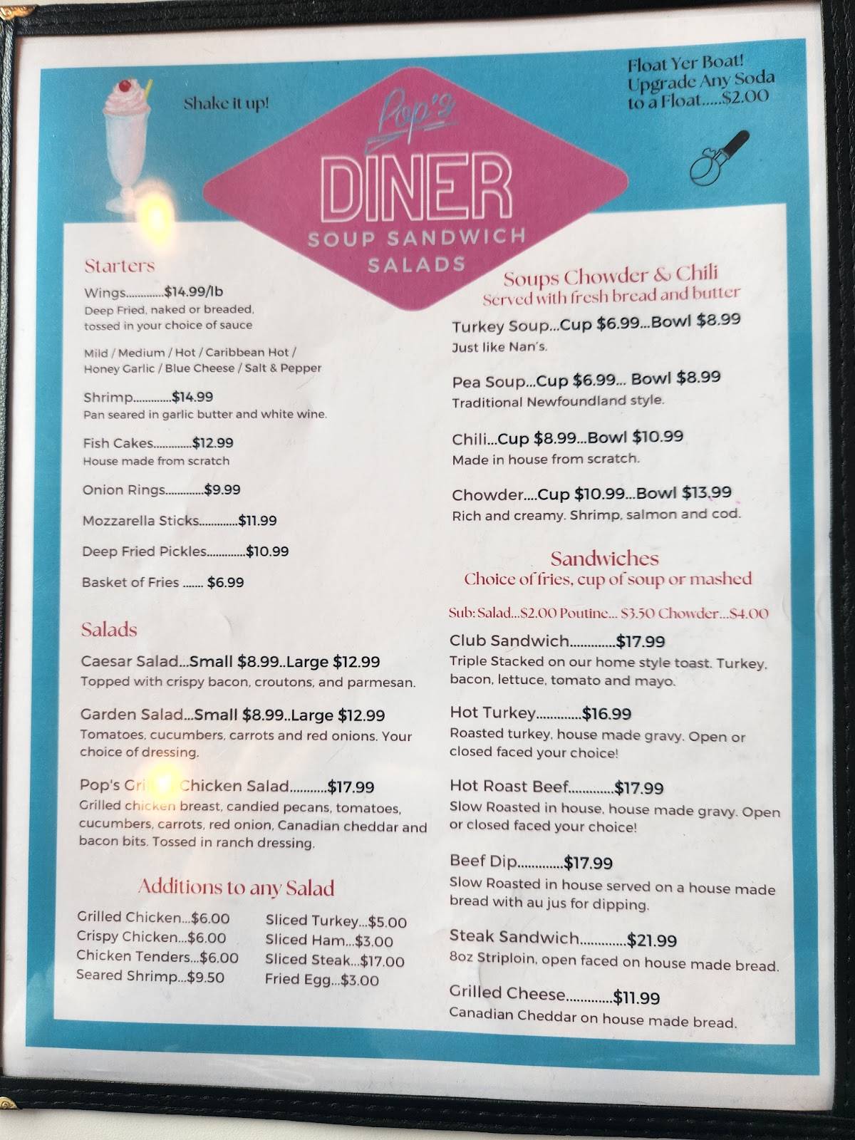Menu at Pop’s Diner restaurant, St. John's