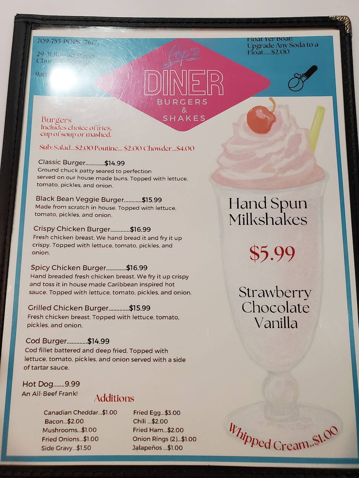 Menu at Pop’s Diner restaurant, St. John's