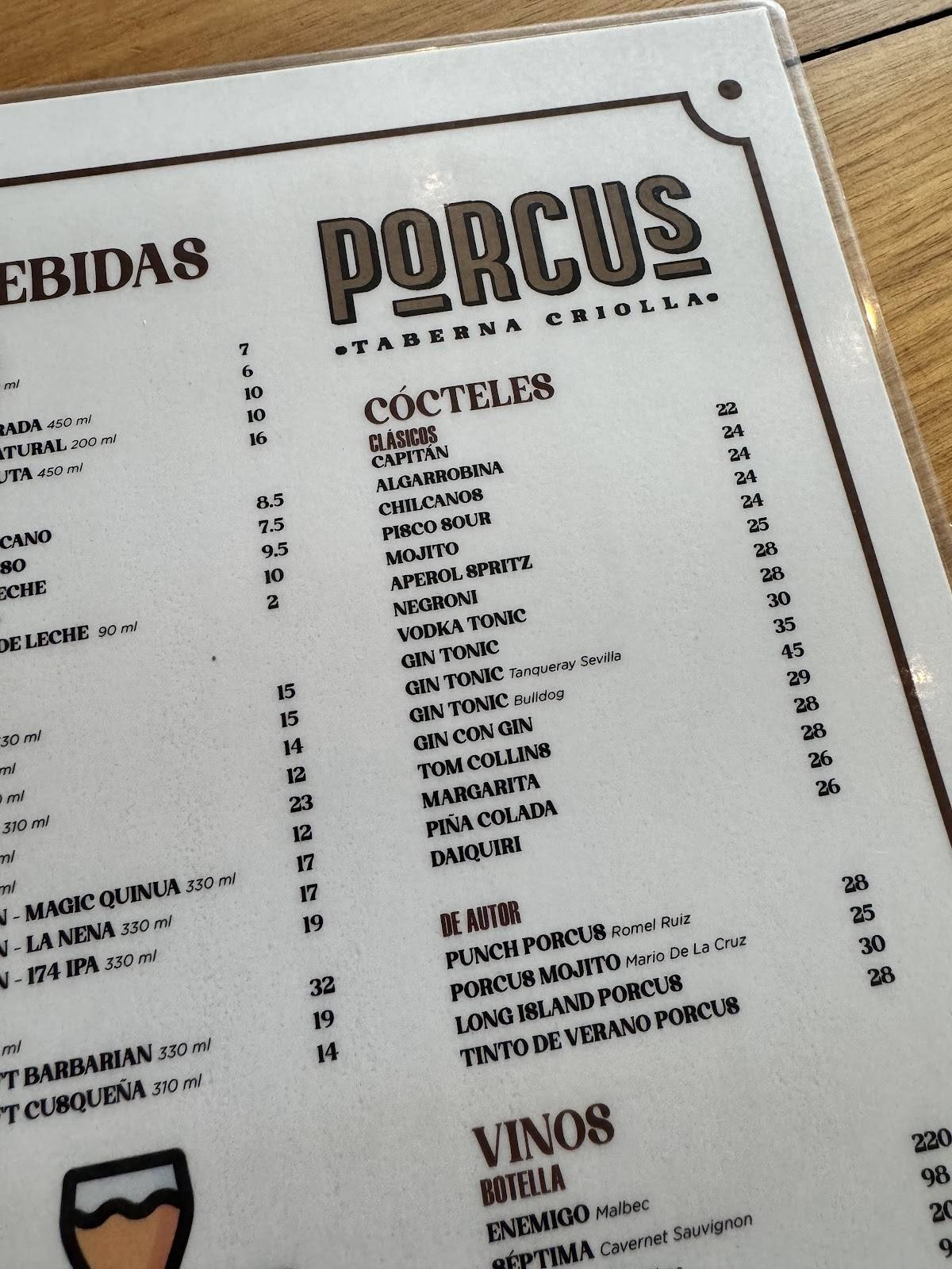 Carta del restaurante Porcus, Miraflores