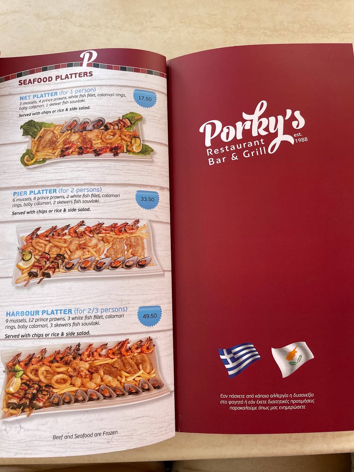 Menu at Porky's Restaurant Cafe, Protaras, 228X+VCJ