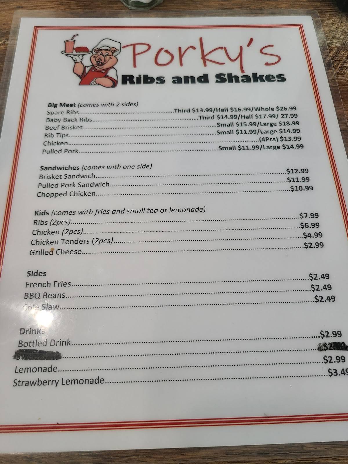 Menu at Porky’s Ribs & Shakes restaurant, Green Bay