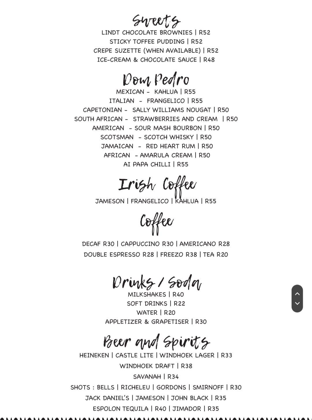 Menu at Backstreet Grill steakhouse, Port Elizabeth