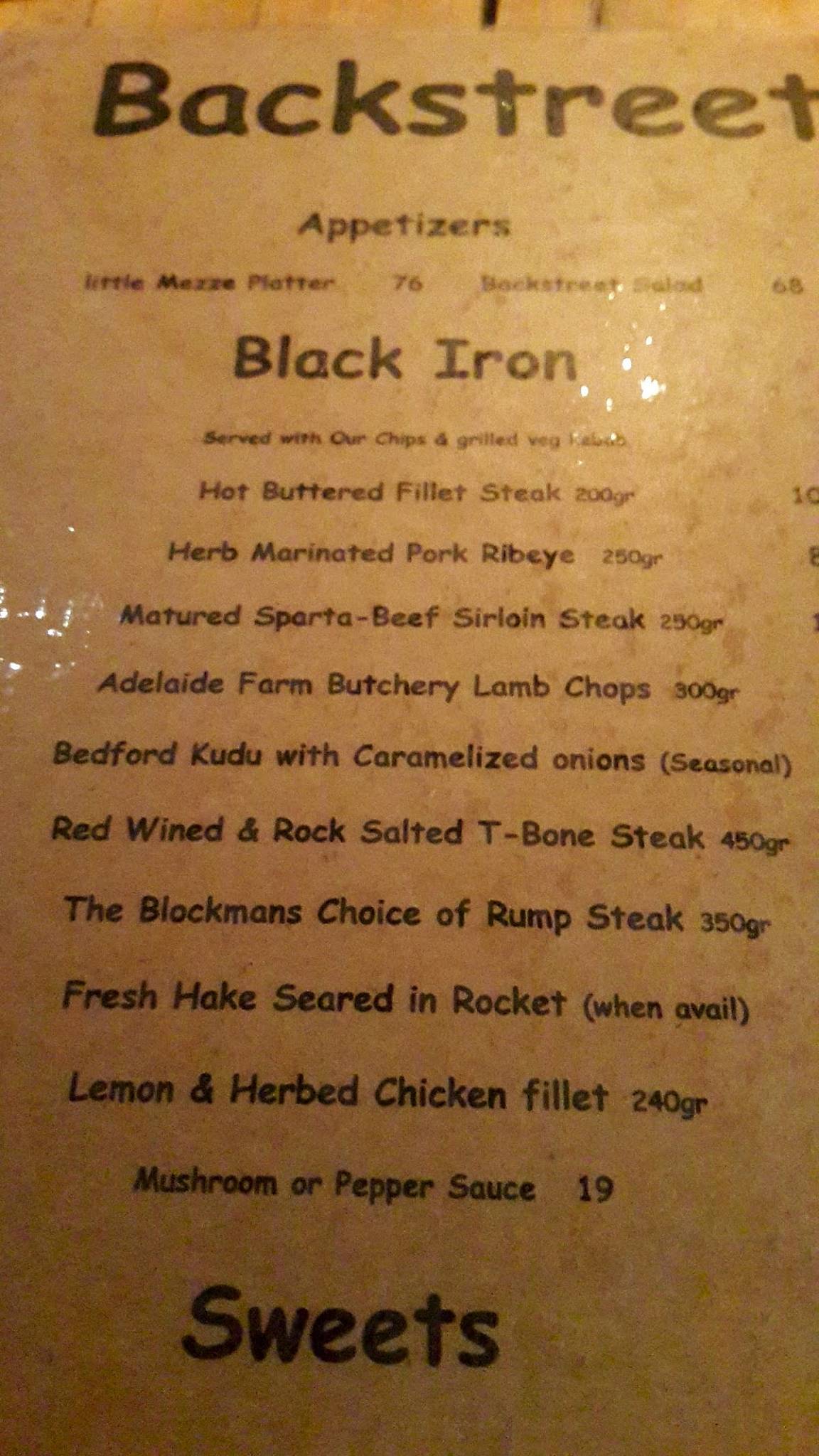 Menu at Backstreet Grill steakhouse, Port Elizabeth