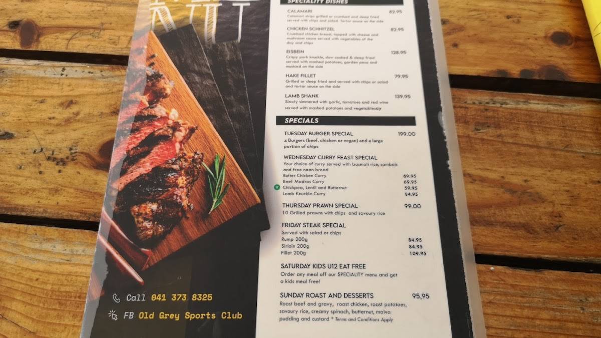 Menu at Old Grey Club, Port Elizabeth