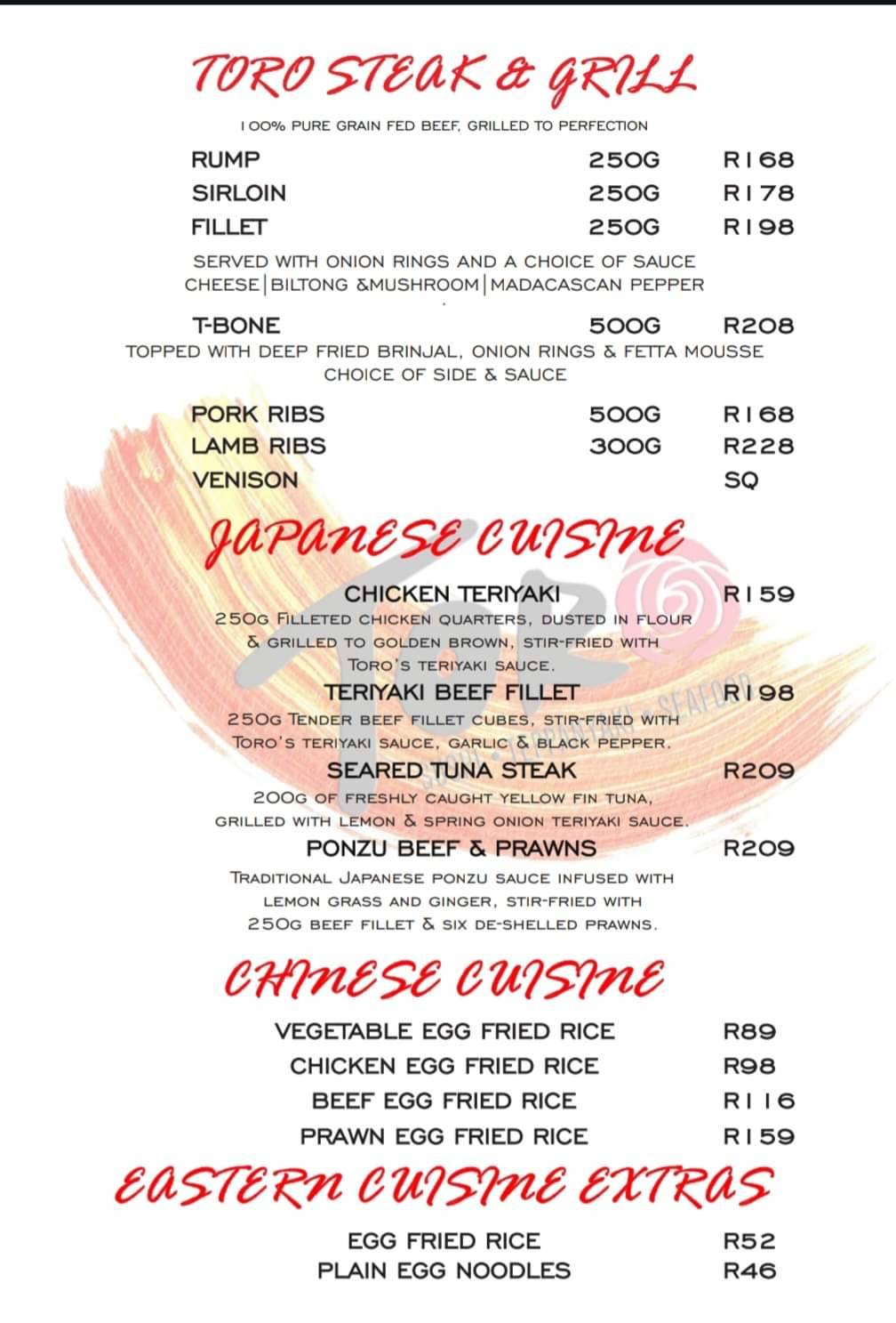Menu at TORO Sushi, Teppanyaki & Seafood restaurant, Port Elizabeth