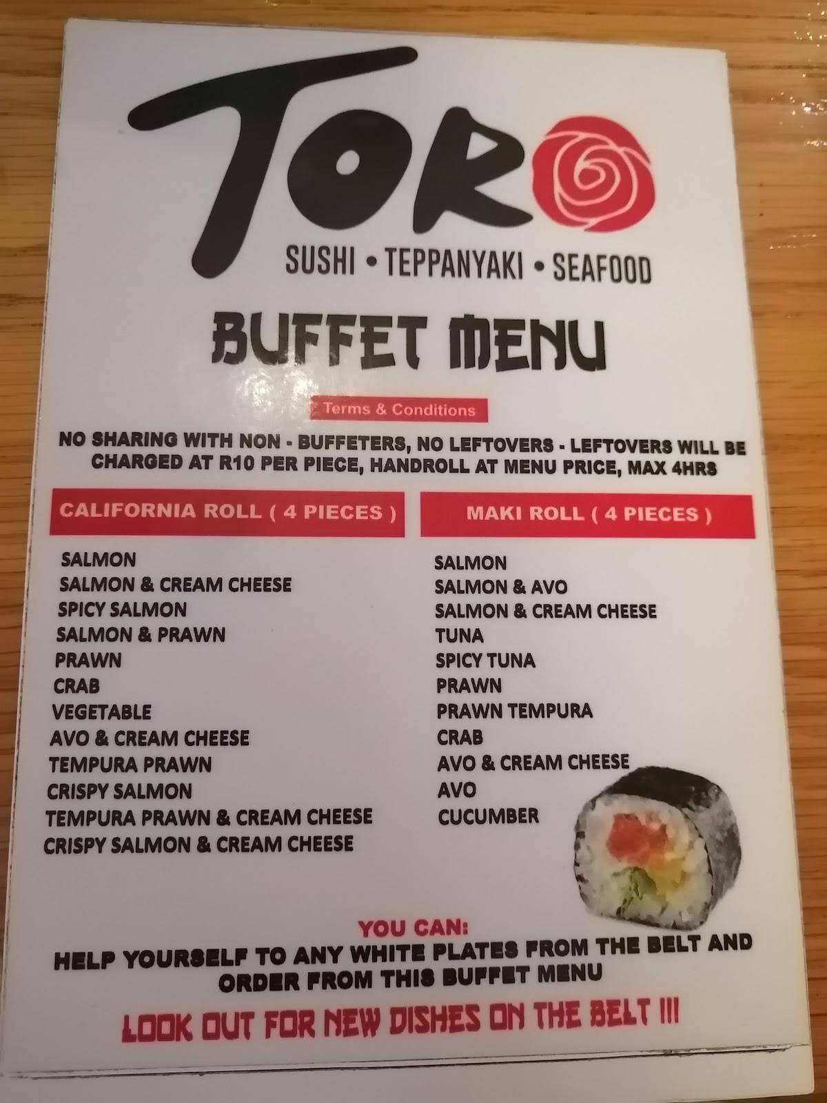 Menu at TORO Sushi, Teppanyaki & Seafood restaurant, Port Elizabeth