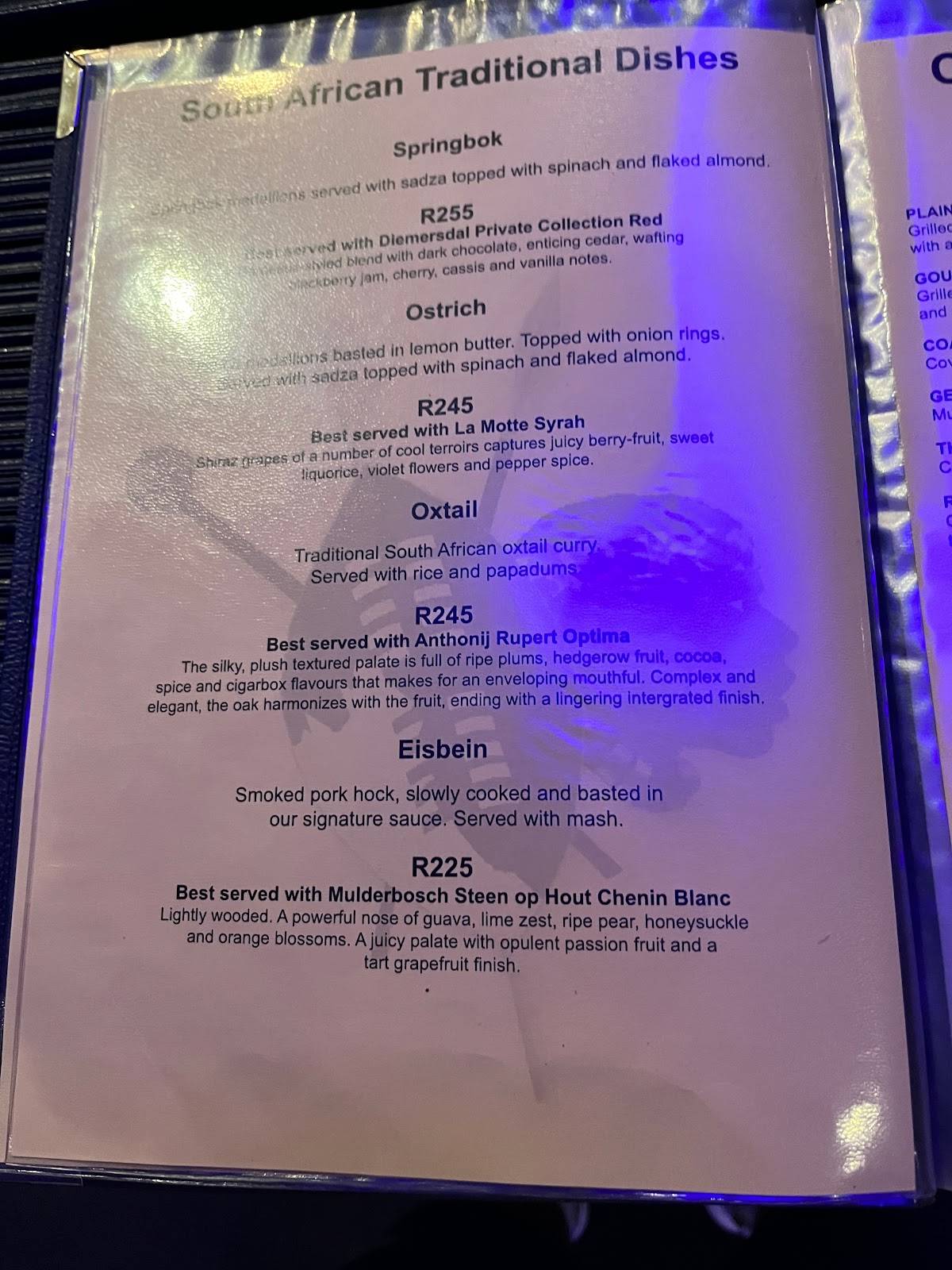 Menu at The Coachman Restaurant, Port Elizabeth, Brookes on the bay