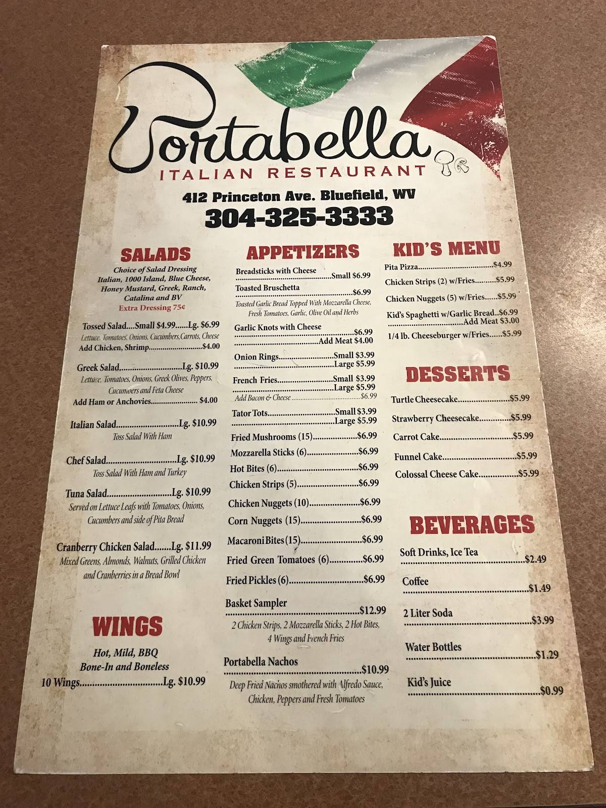 Menu at Portabella Italian Restaurant, Bluefield, 412 Princeton Ave