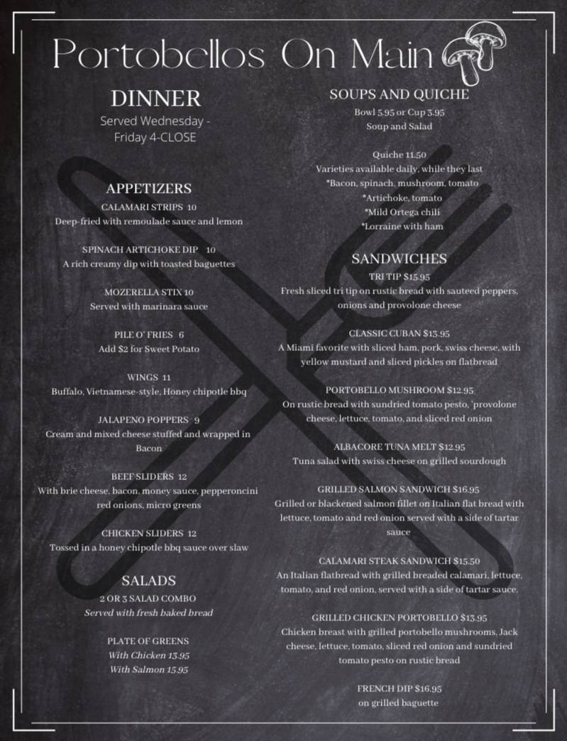Menu at Portobello's on Main restaurant, Salinas, 150 Main St #116