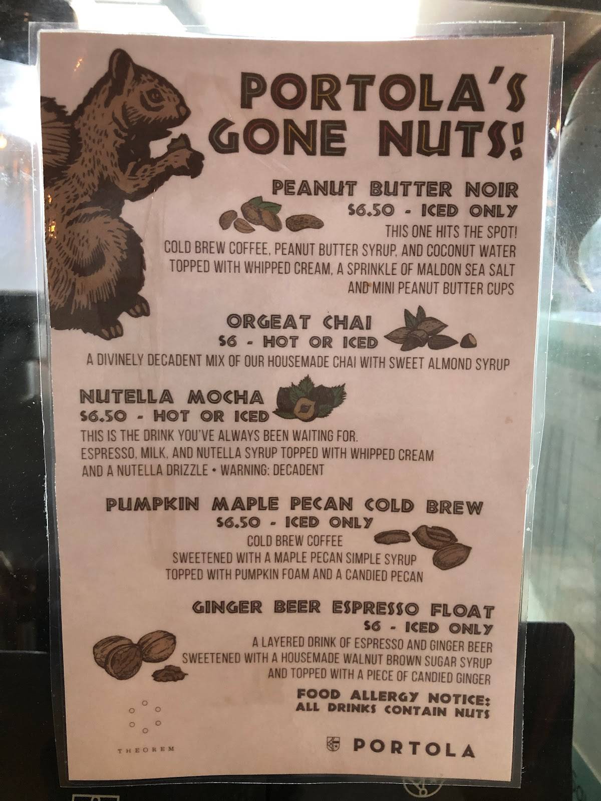 Menu at Portola Coffee Roasters restaurant, Orange