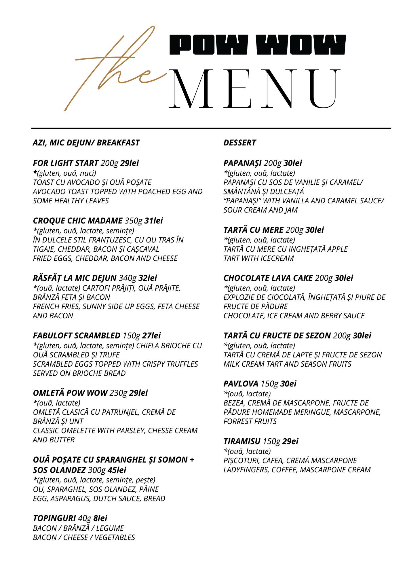 Menu at Pow Wow, Bucharest