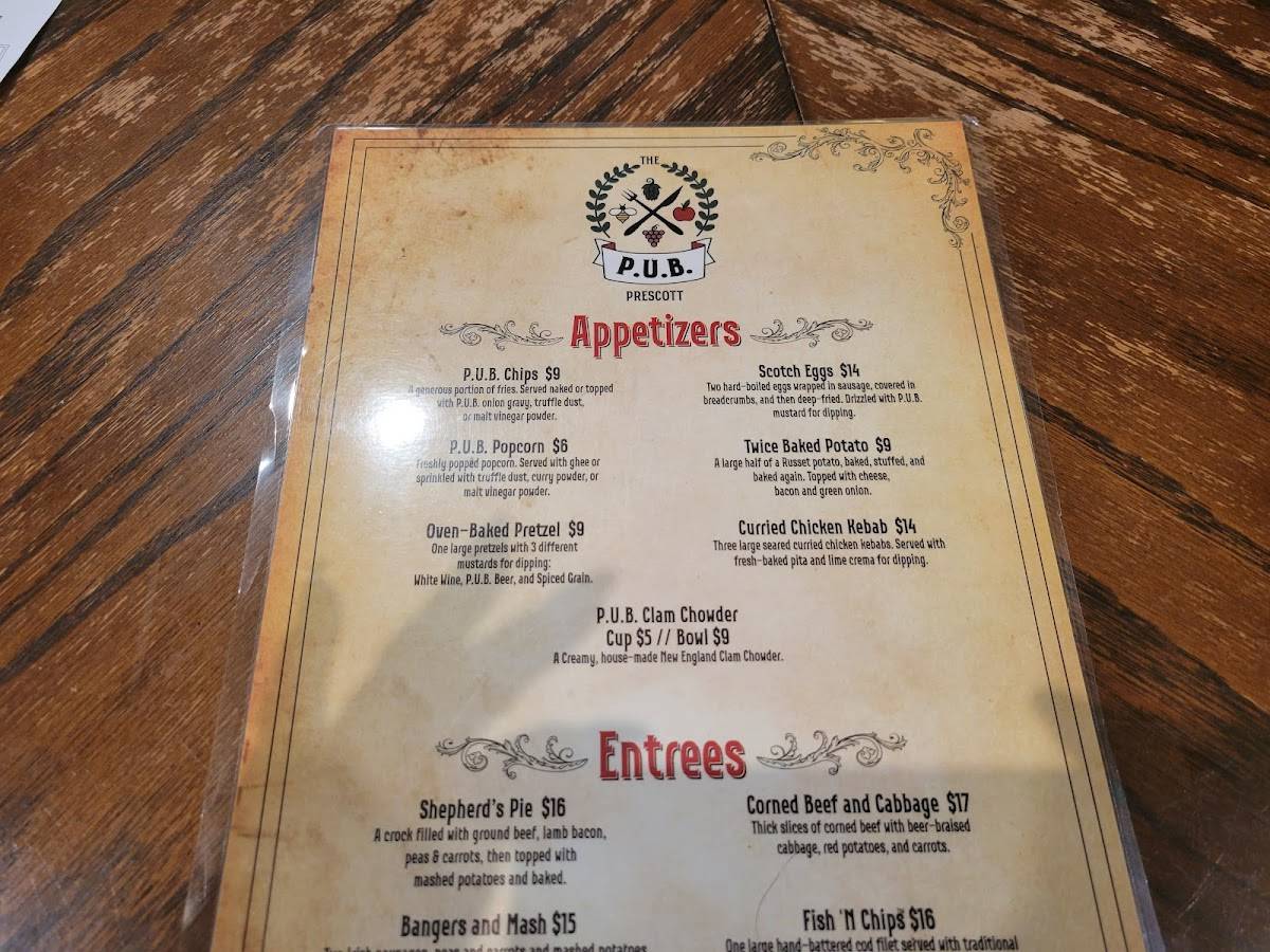 Menu at The P.U.B. Prescott restaurant, Prescott