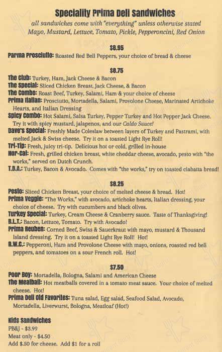 Menu at Prima Deli restaurant, Redwood City