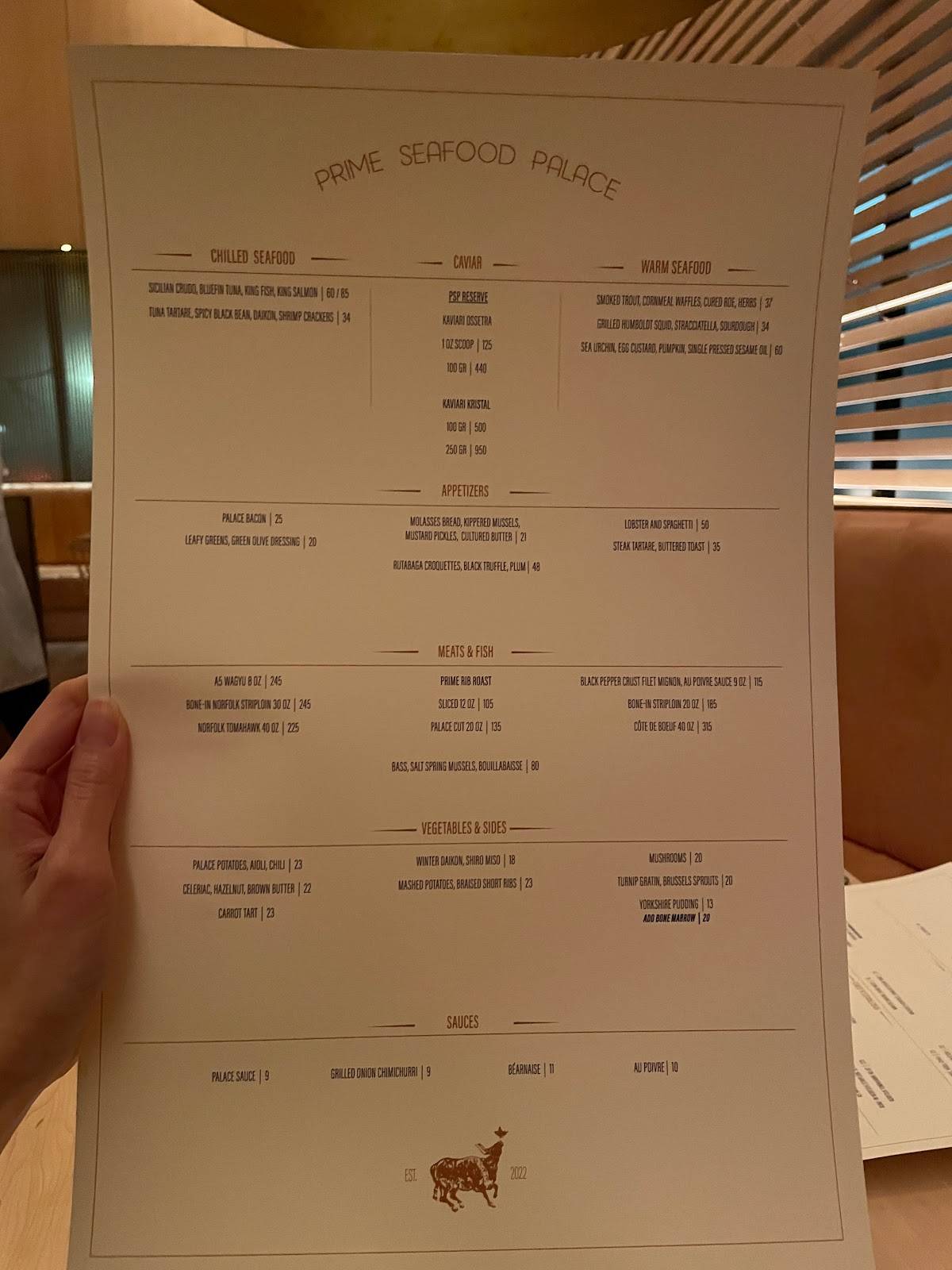 Carta del restaurante Prime Seafood Palace, Toronto, 944 Queen St W