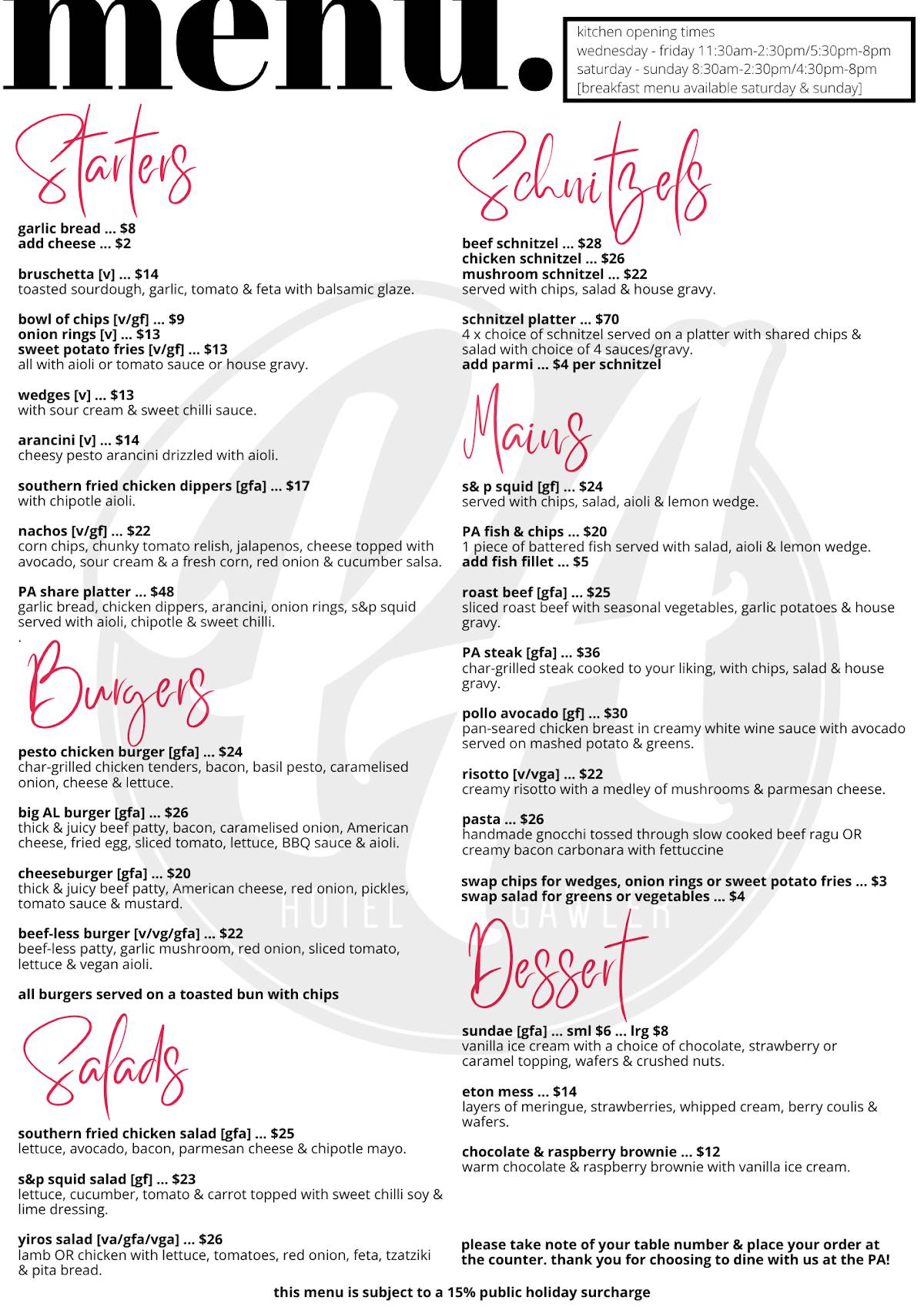 Menu at Prince Albert Hotel pub & bar, Gawler