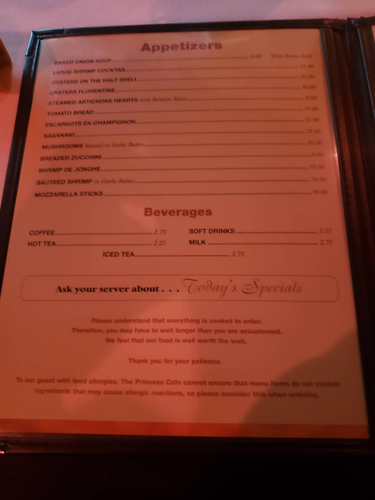 Menu at Princess Cafe, Beecher