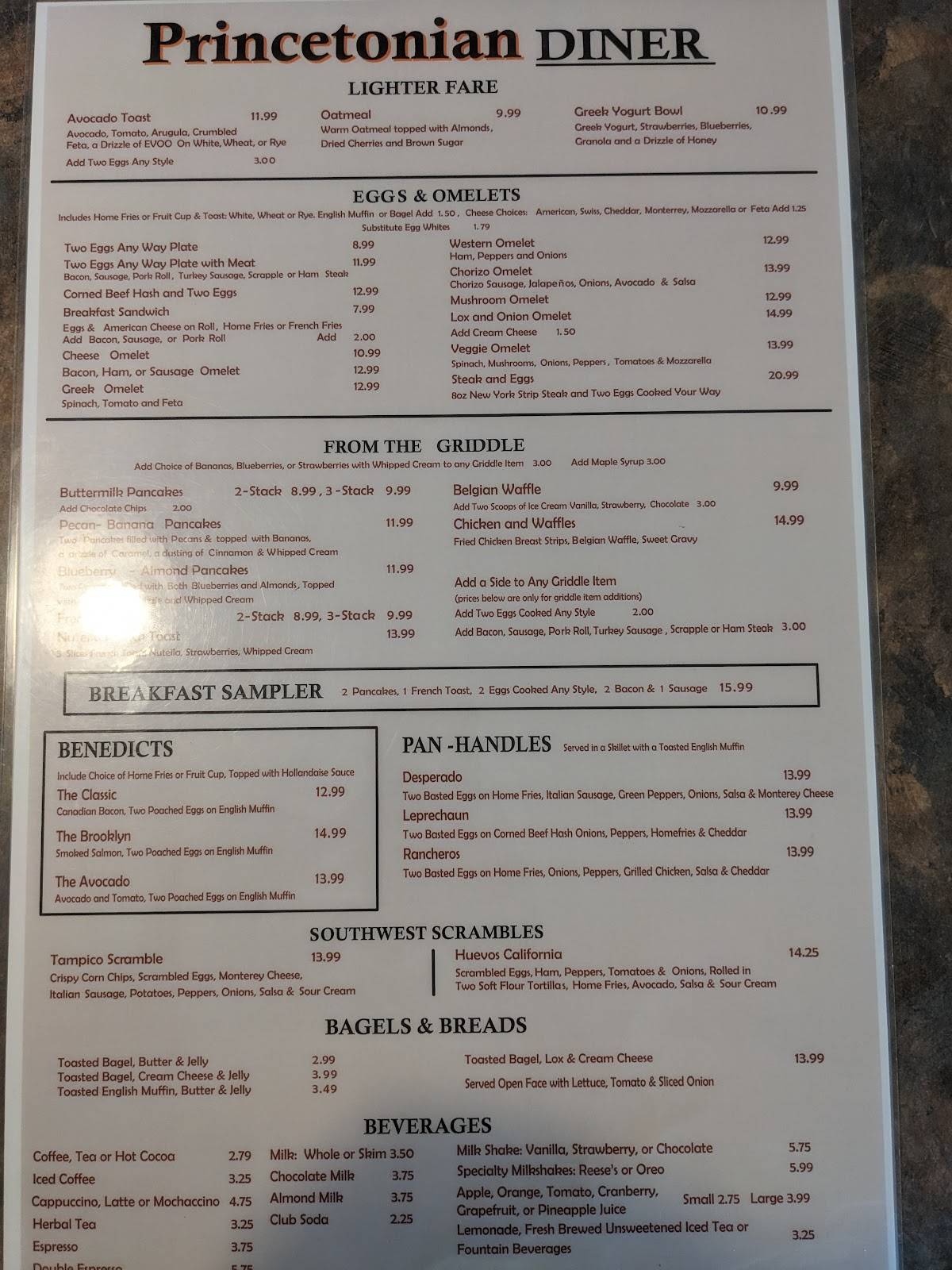 Menu at Princetonian Diner restaurant, Princeton, US-1