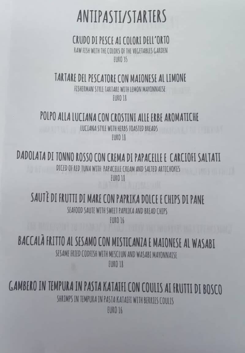 Menu au Il Pescatore restaurant, Procida