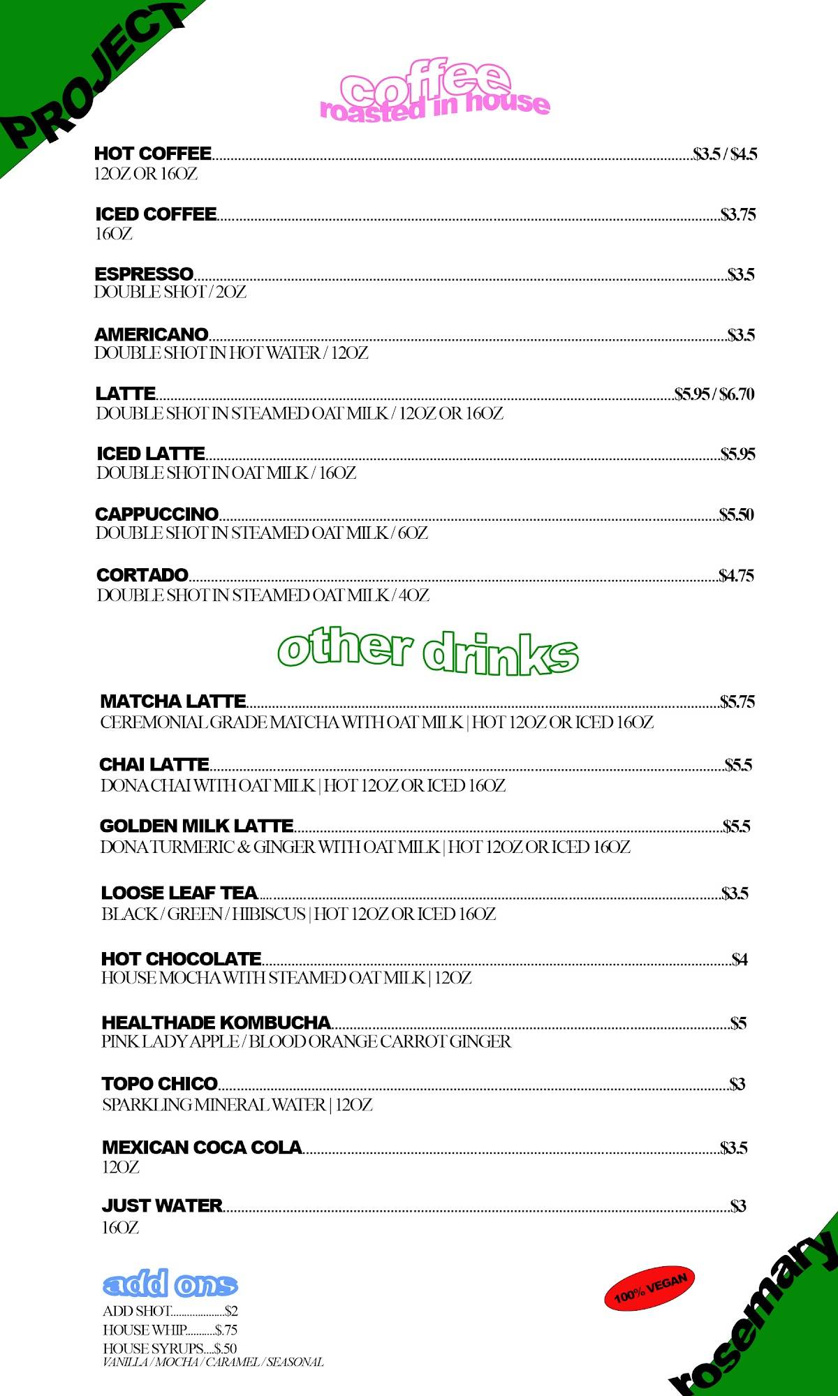 Menu at Project Coffee, Sarasota, 5th St