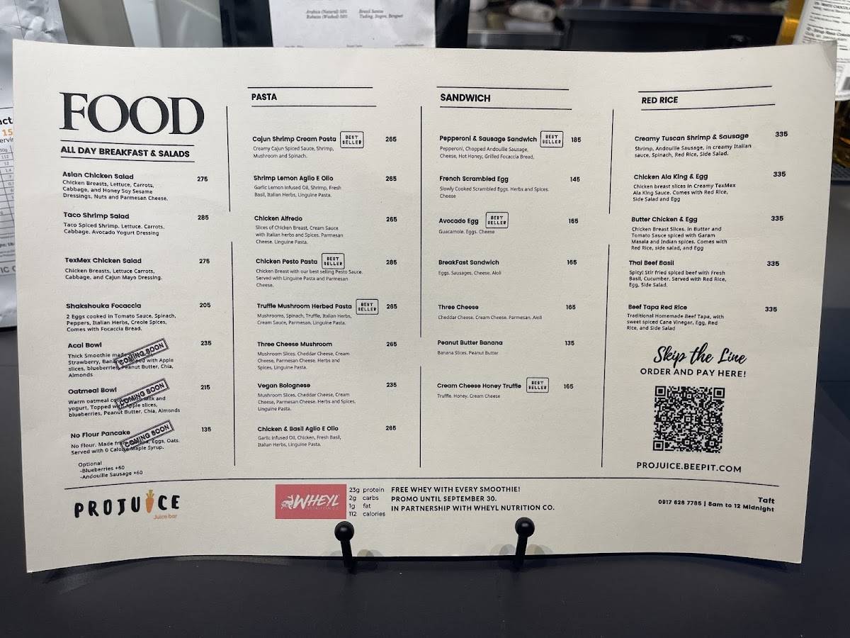 Menu at Projuice Juice Bar, Manila
