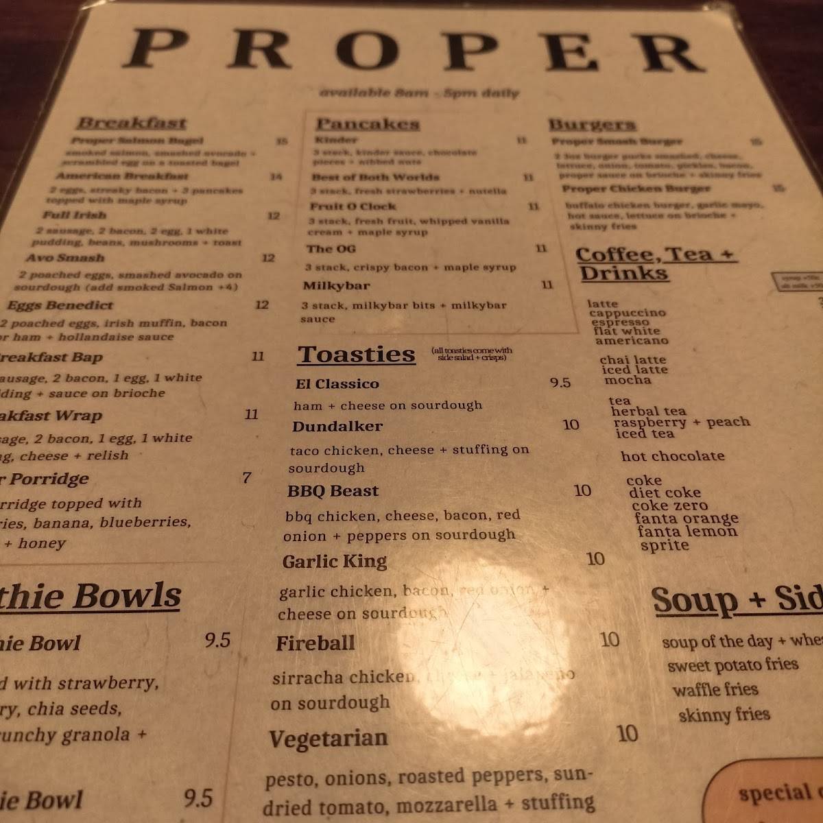 Menu at Proper cafe, Dundalk