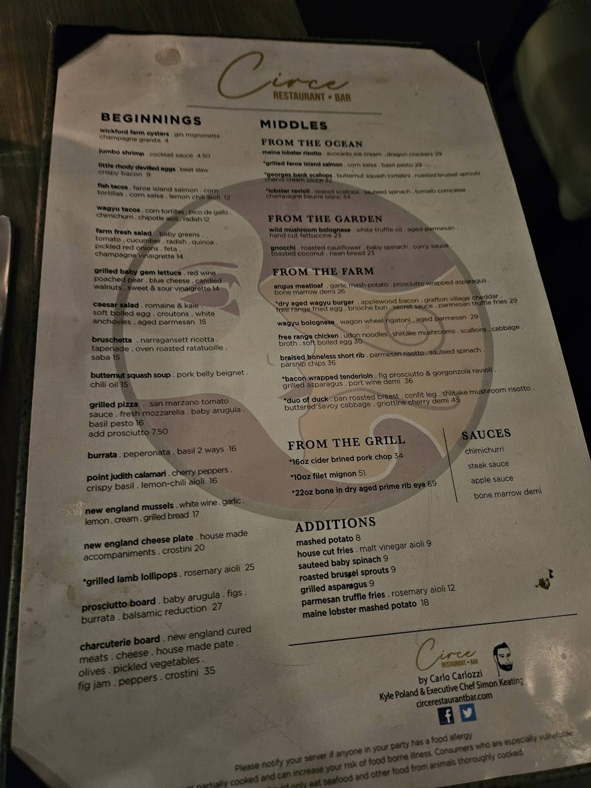 Menu at Circe Restaurant & Bar - Providence, Providence