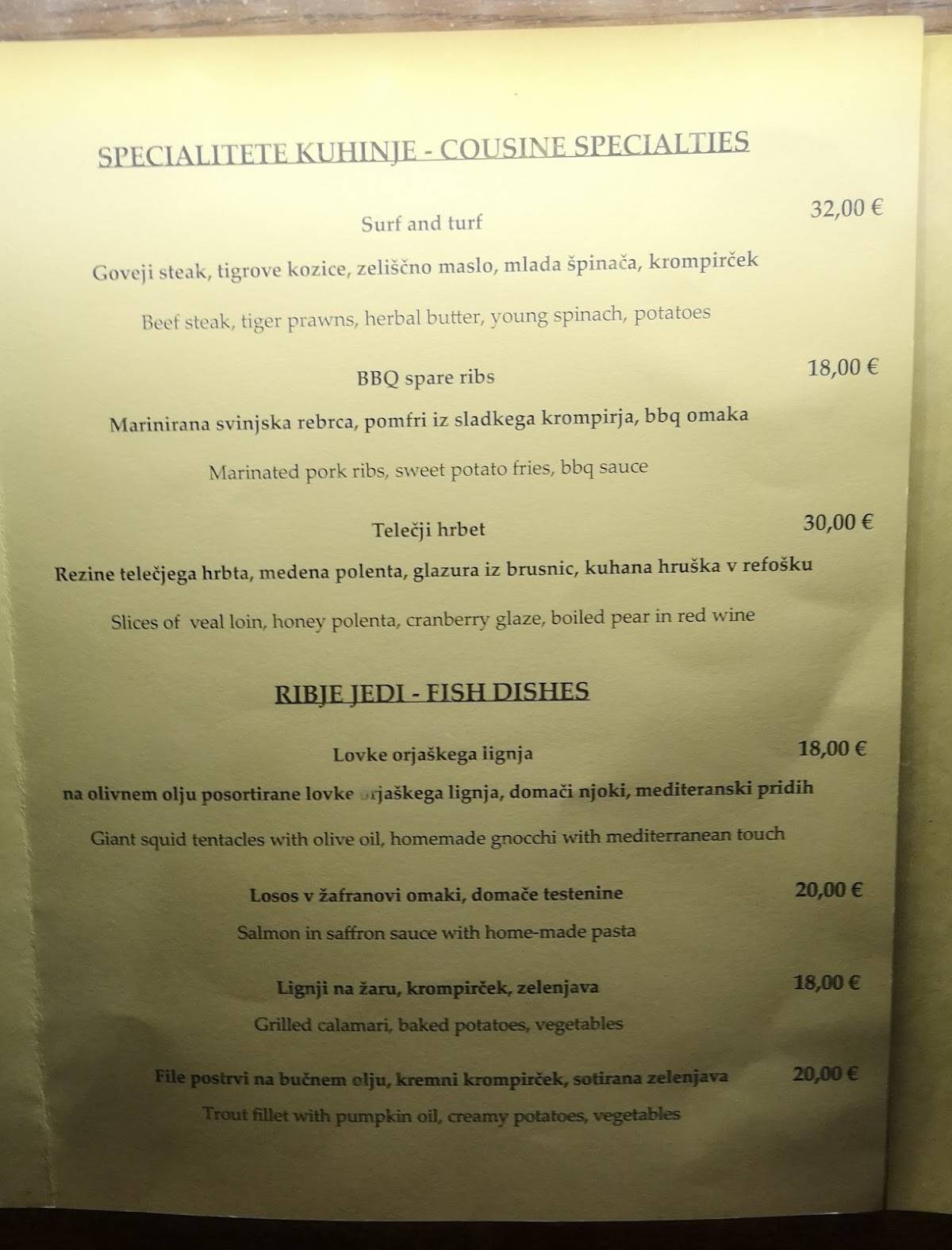Menu at Gostilna Amadeus restaurant, Ptuj