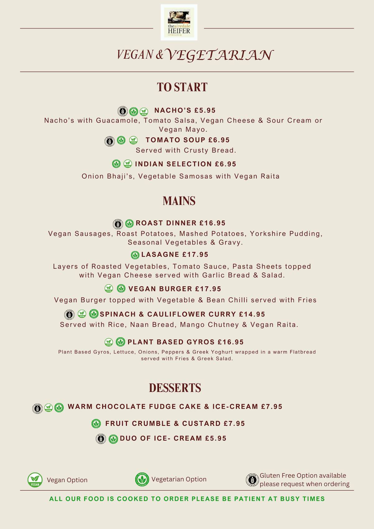 Menu at Airedale Heifer pub & bar, Keighley, Bradford Road