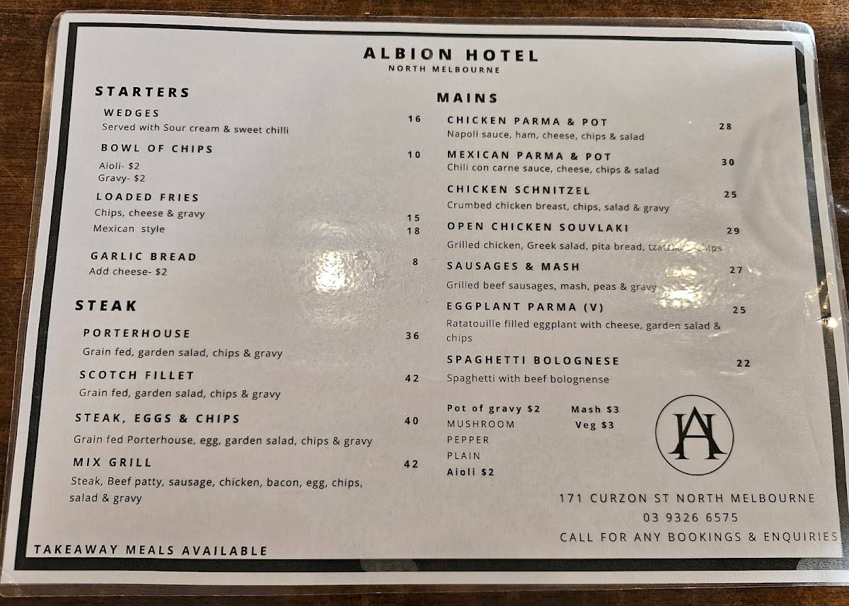 Menu at Albion Hotel North Melbourne pub & bar, North Melbourne, 171 ...