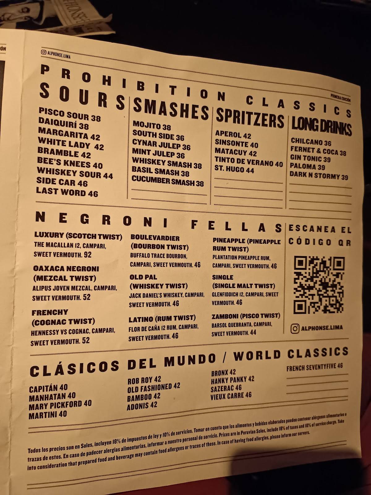 Carta de Alphonse Bar, San Isidro