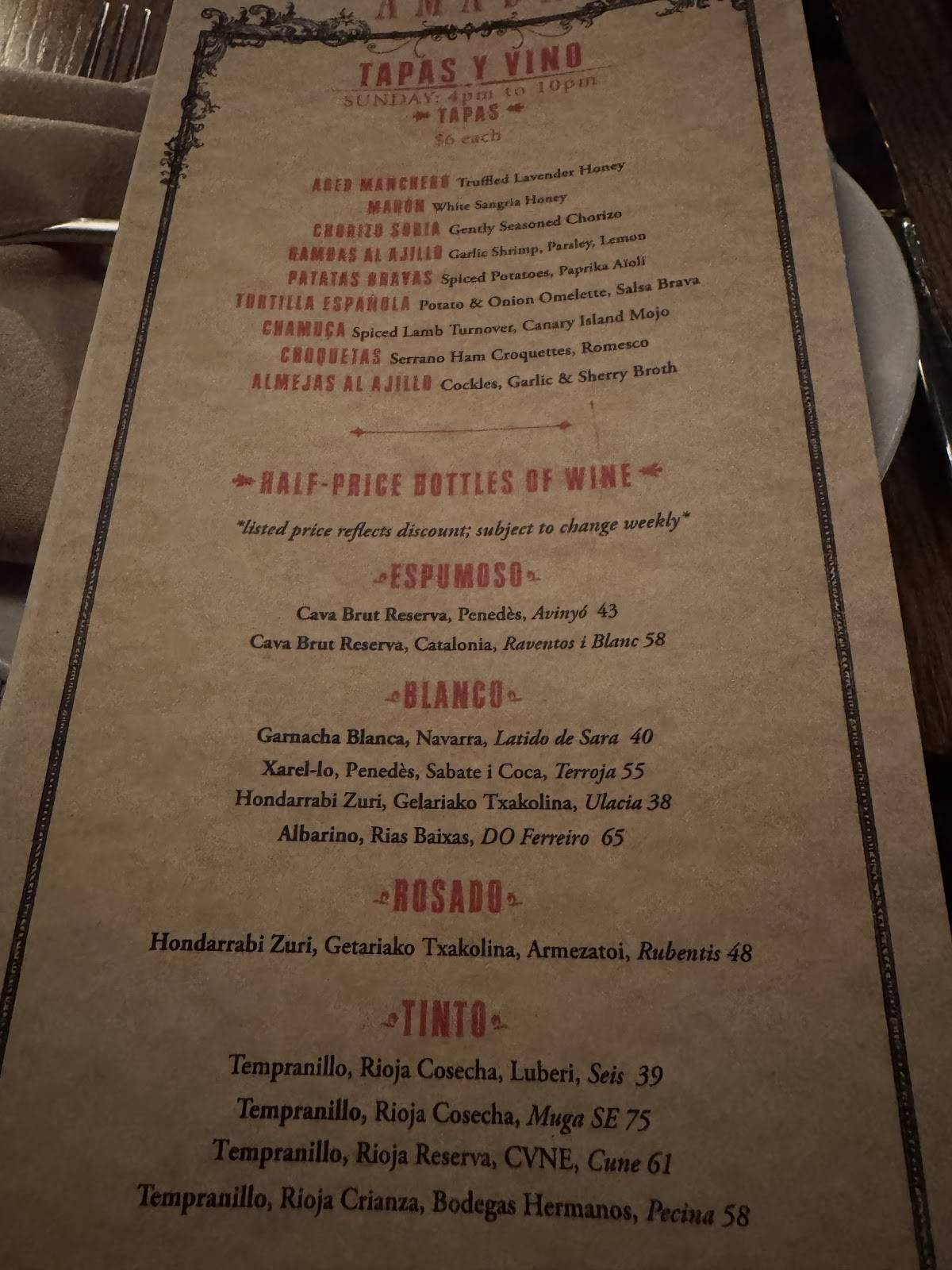 Menu at Amada Philadelphia pub & bar, Philadelphia
