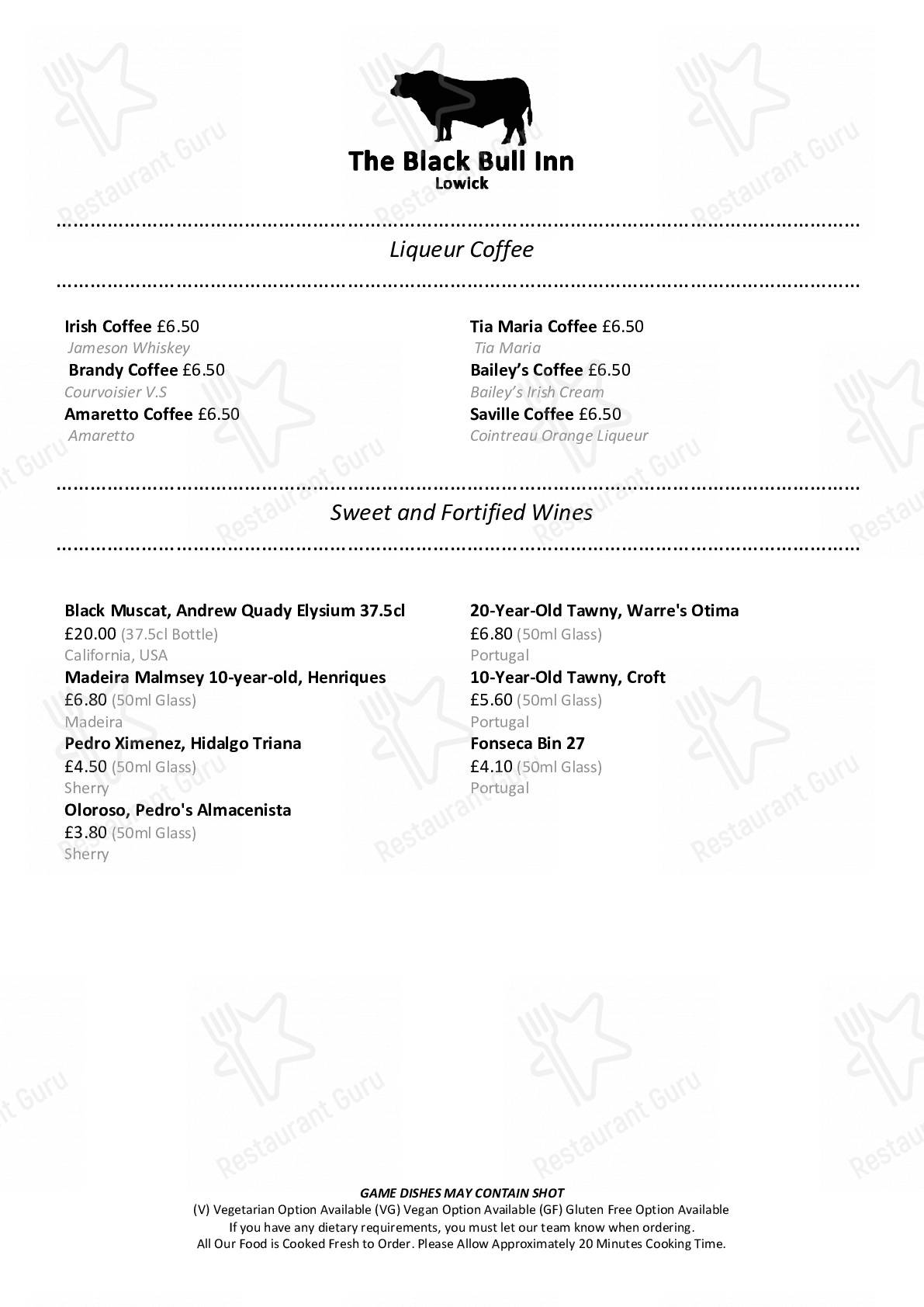 Menu at BLACK BULL INN pub & bar, Wooler