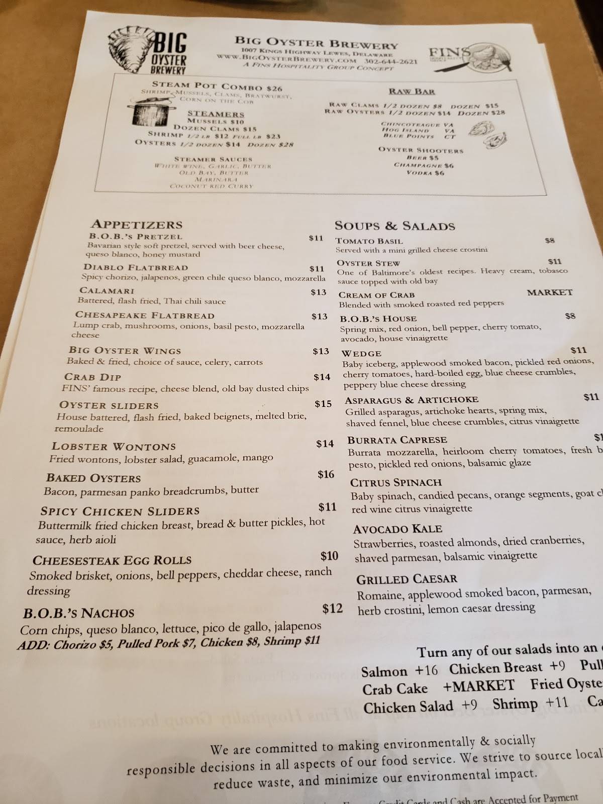 Menu at Big Oyster Brewery pub & bar, Lewes