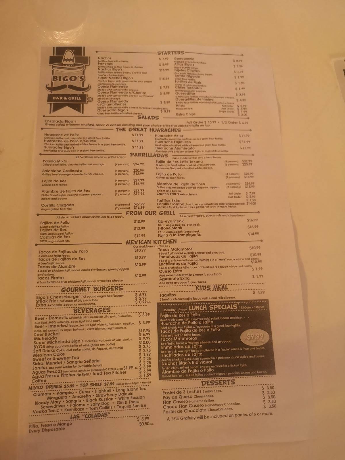 Menu at Bigo's Bar & Grill, Brownsville, 464 Paredes Line Rd