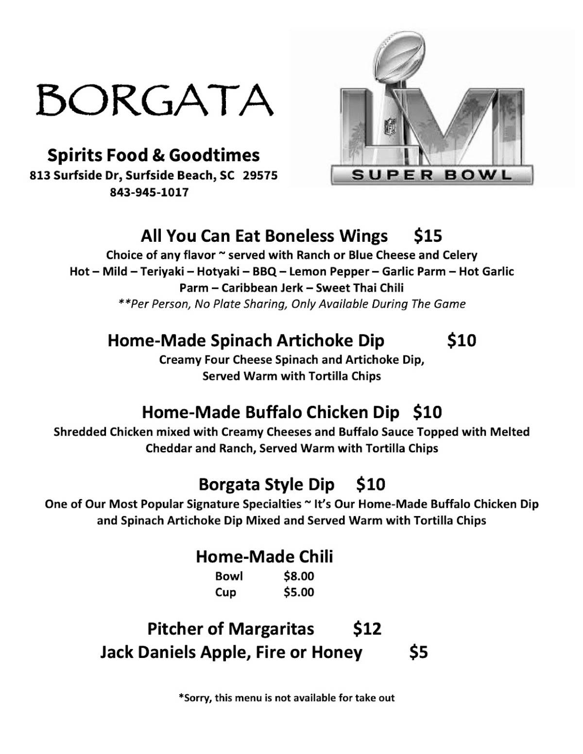 Menu at Borgata of Surfside pub & bar, Surfside Beach