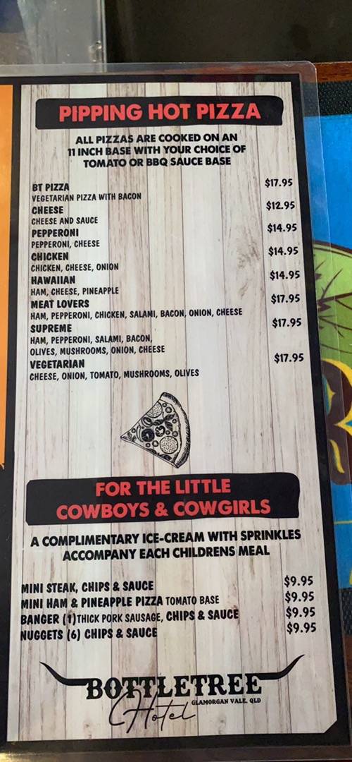 Menu at Bottletree Hotel pub & bar, Fernvale