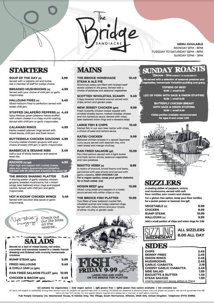 Menu at Bridge Inn pub & bar, Nottingham, Longmoor Ln