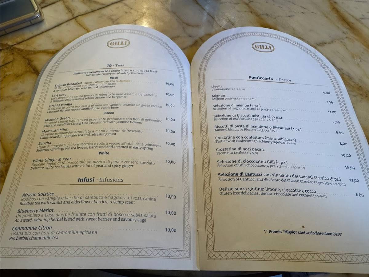 Menu at Caffè Gilli pub & bar, Florence, Via Roma