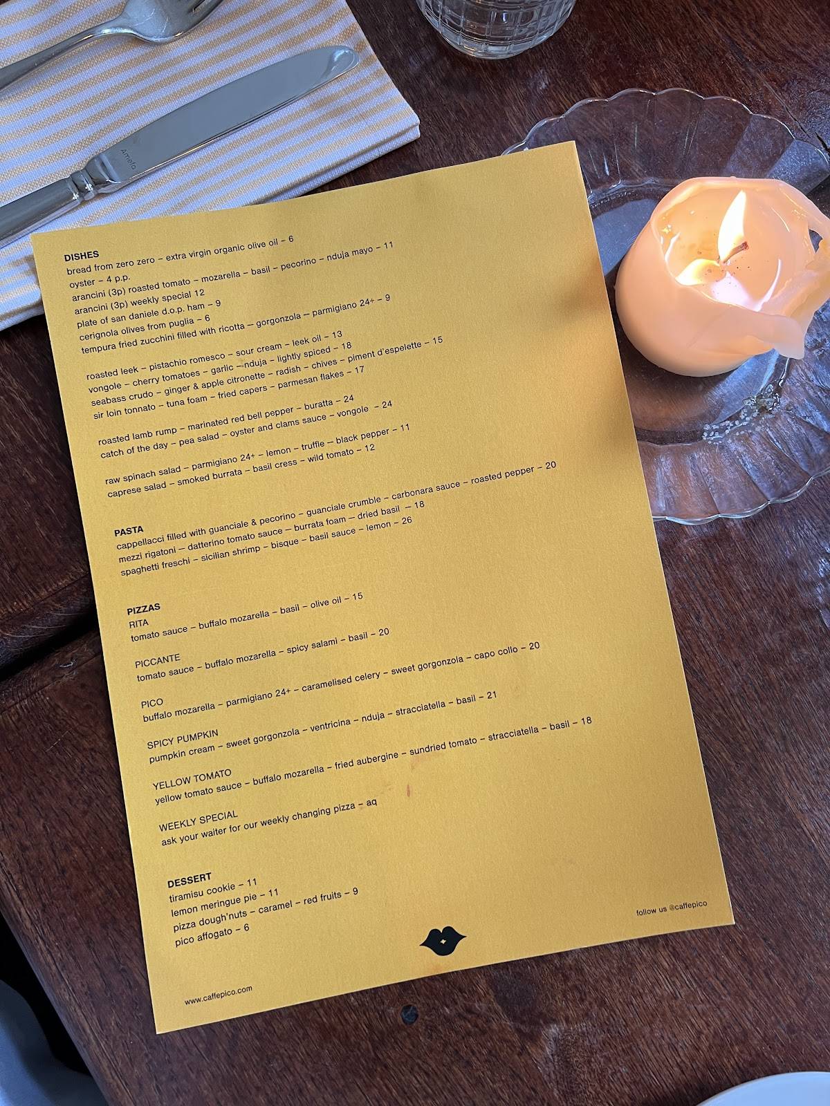 Menu at Caffè Pico, Amsterdam