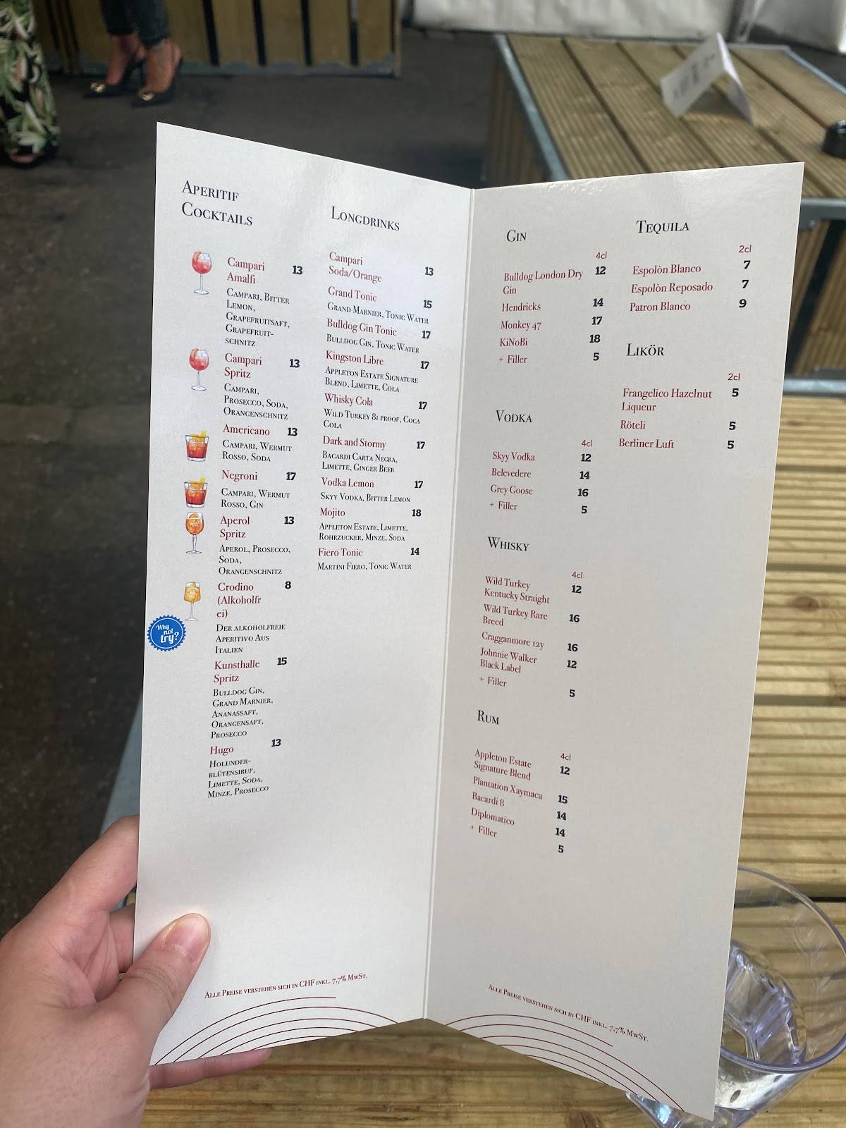 Speisekarte von Campari Bar, Basel