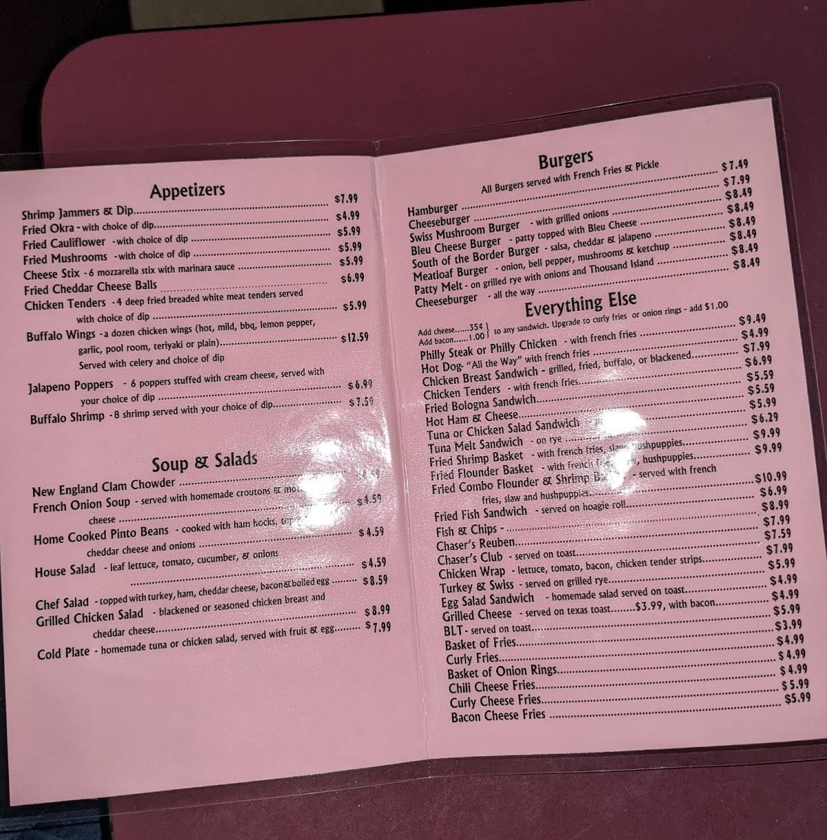 Menu at Chaser's Sports Bar & Grill, Oak Island