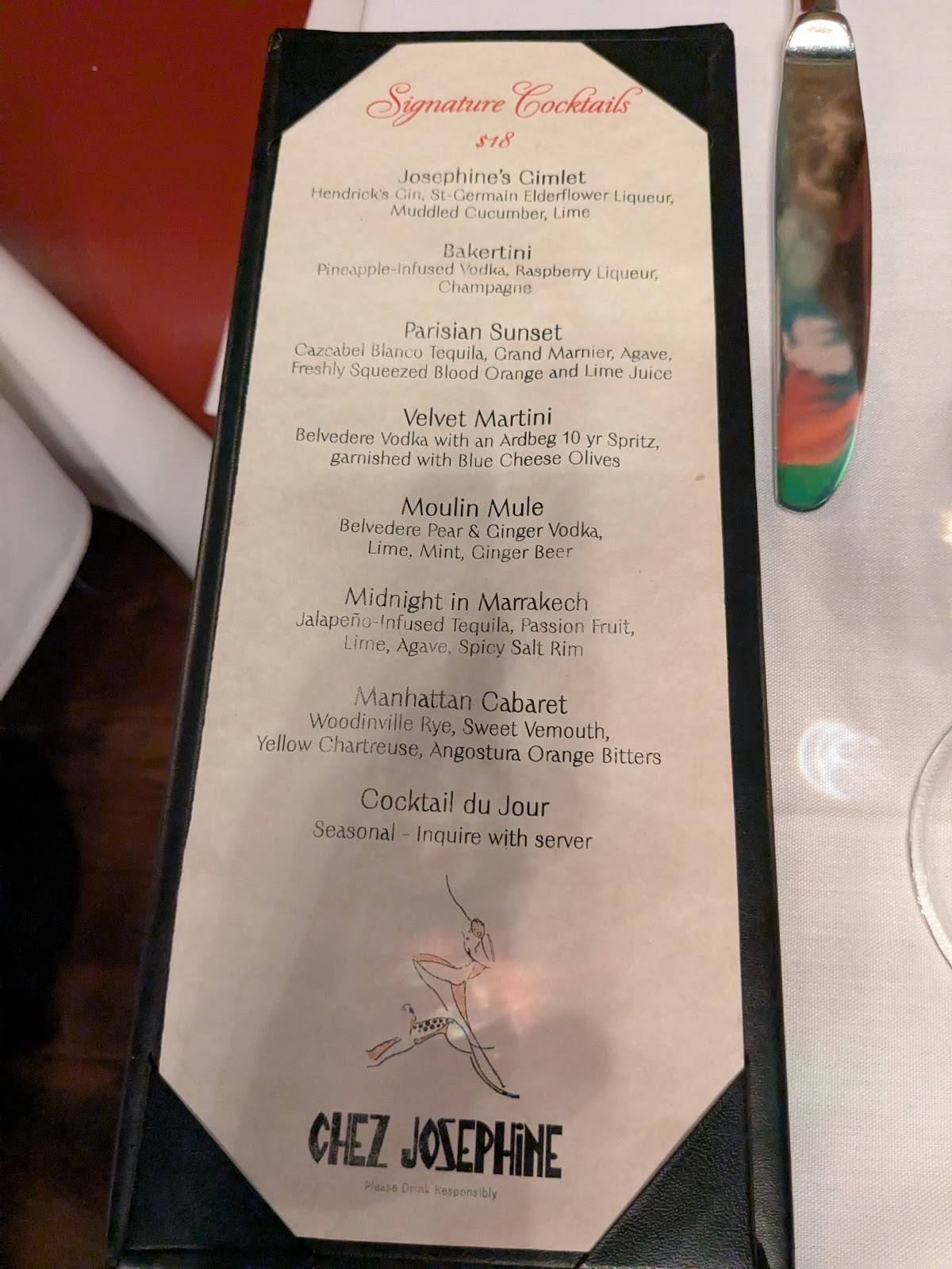 Menu at Chez Josephine pub & bar, West New York, 414 W 42nd St