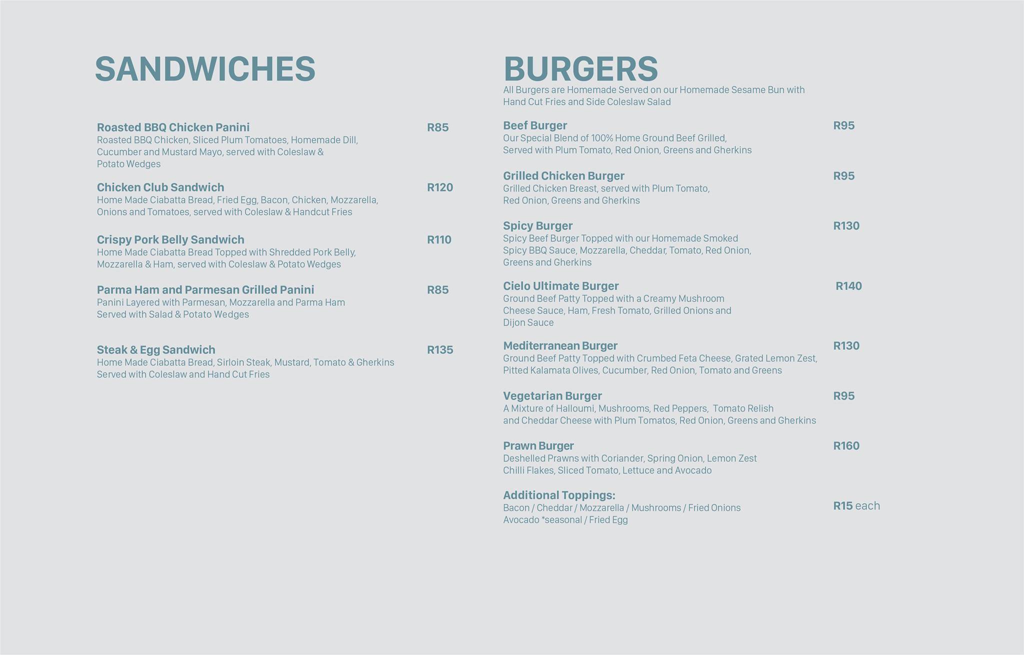Menu at Cielo Restaurant, Benoni