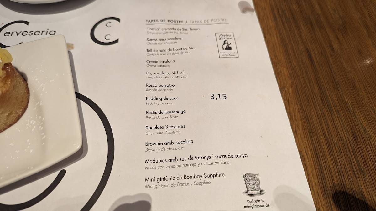 Menu at Ciutat Comtal pub & bar, Barcelona, Rambla de Catalunya