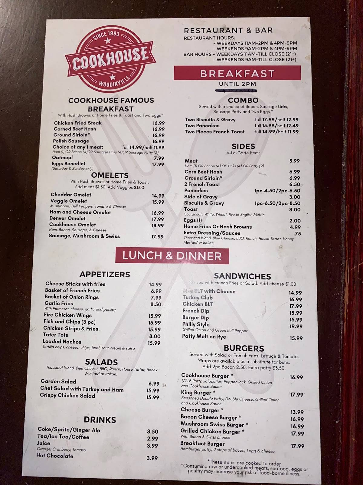 Menu at Cookhouse Restaurant & Bar, Woodinville, NE Woodinville Dr