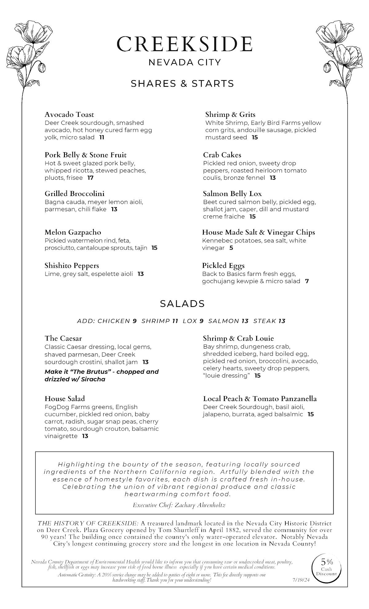 Menu at Creekside Restaurant & Bar, Nevada City
