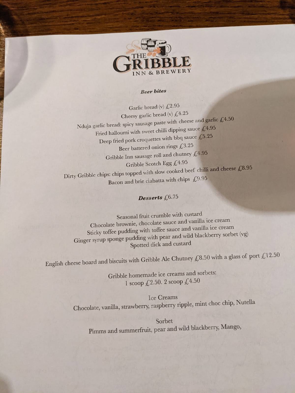 Menu at Gribble Inn pub & bar, Chichester