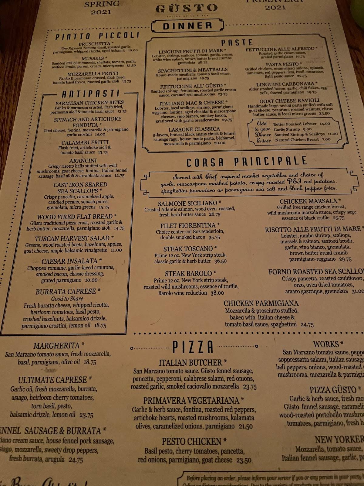 Menu at Gusto Italian Grill & Bar, Moncton