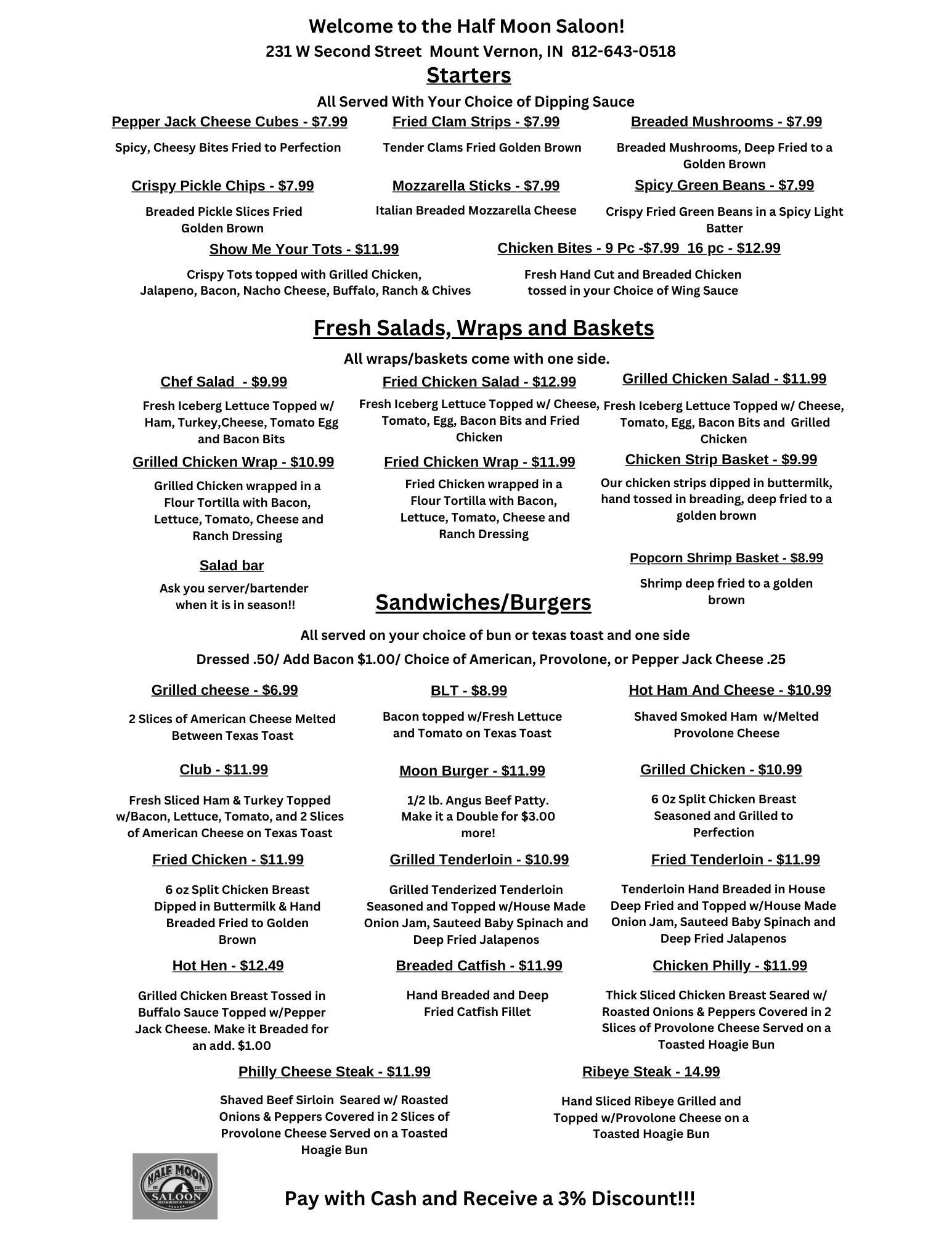 Menu at Half Moon Saloon pub & bar, Mount Vernon