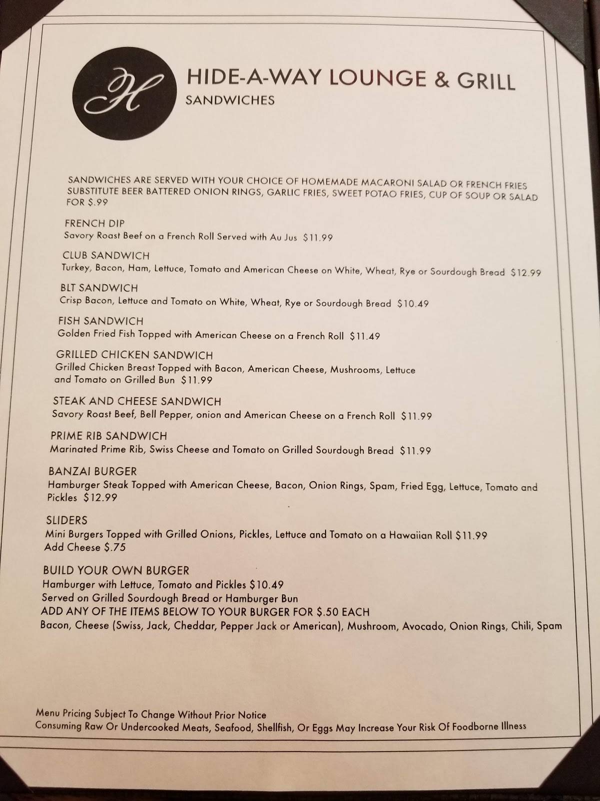 Menu at Hide-A-Way Lounge & Grill pub & bar, Vacaville